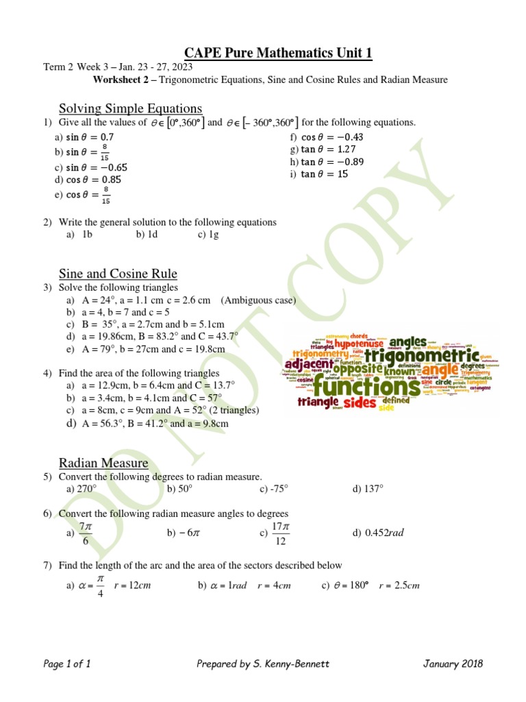Term 2 Worksheet 2 Trigonometry 1 Simple Trig Equations Sine And