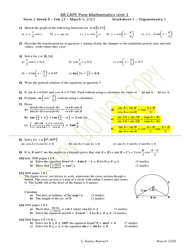 Term 2 Worksheet 5 - Trigonometry 3 | PDF | Trigonometric Functions ...