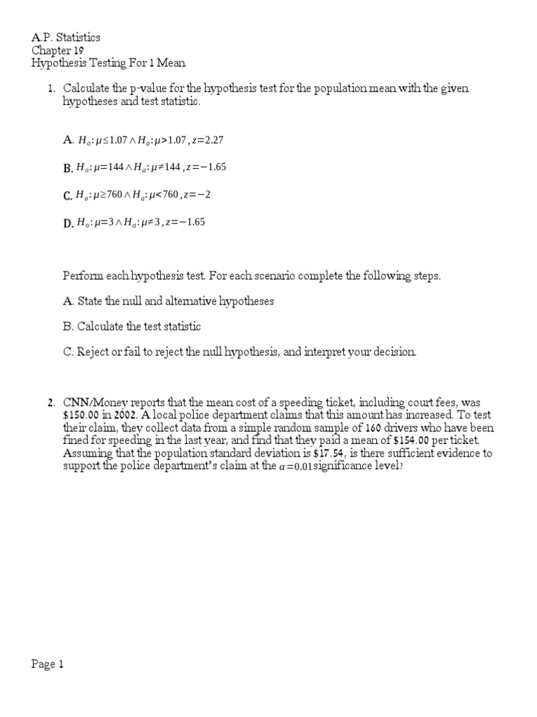 Chapter 22 Hypothesis Testing For 1 Mean Pdf Statistical Hypothesis Testing Statistical