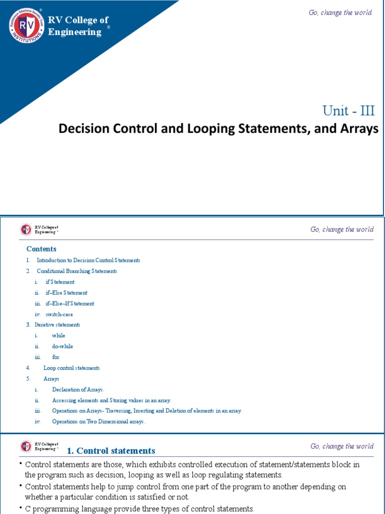 UNIT-3 Decision Control and Looping Statements. Arrays Final123 | PDF ...