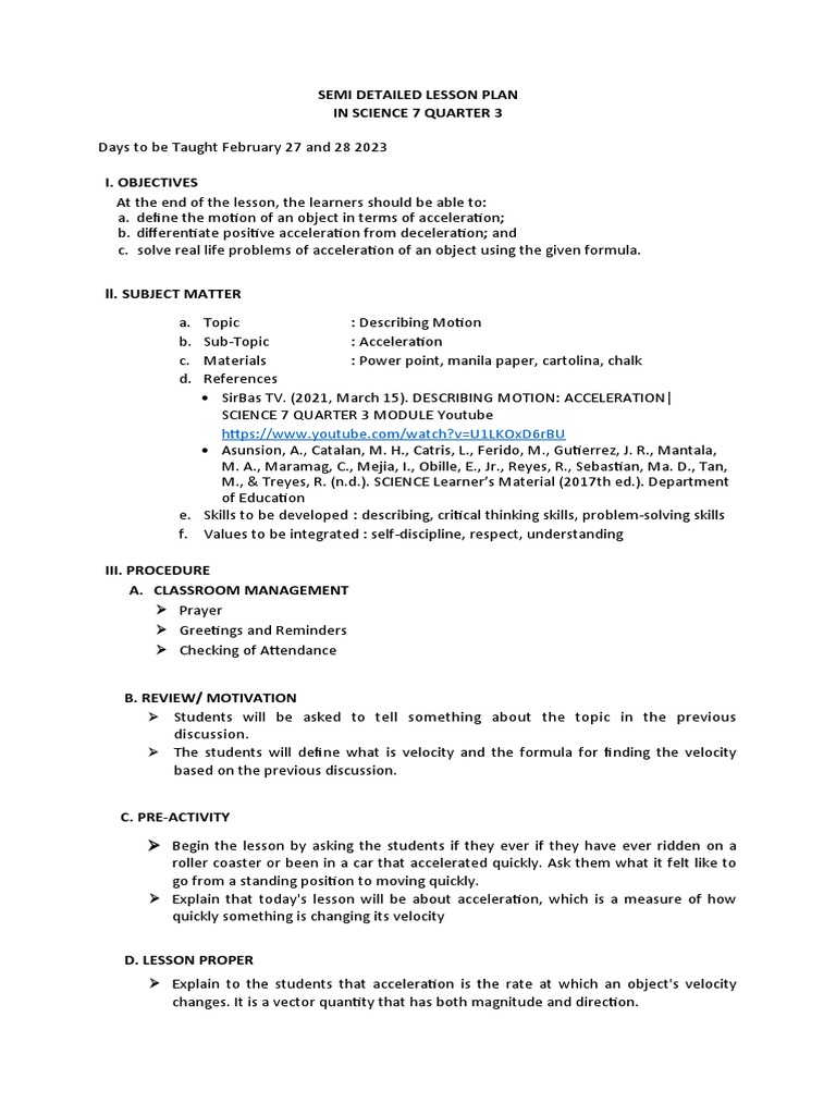 Semi Detailed Lesson Plan in Acceleration | PDF | Acceleration | Velocity