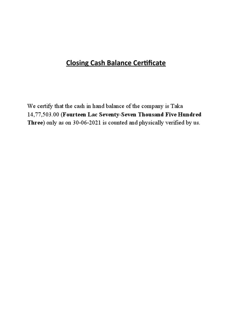 Closing Cash Balance Certificate | PDF