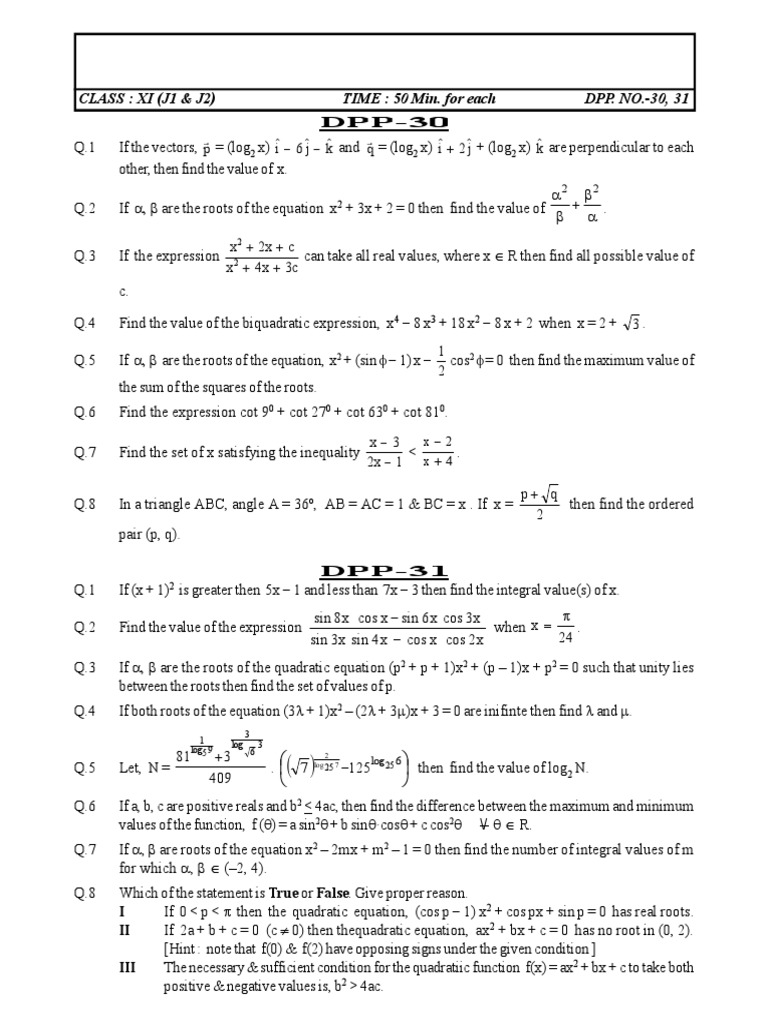 DPP (30 To) 11th J Batch Maths | PDF | Quadratic Equation | Trigonometric Functions