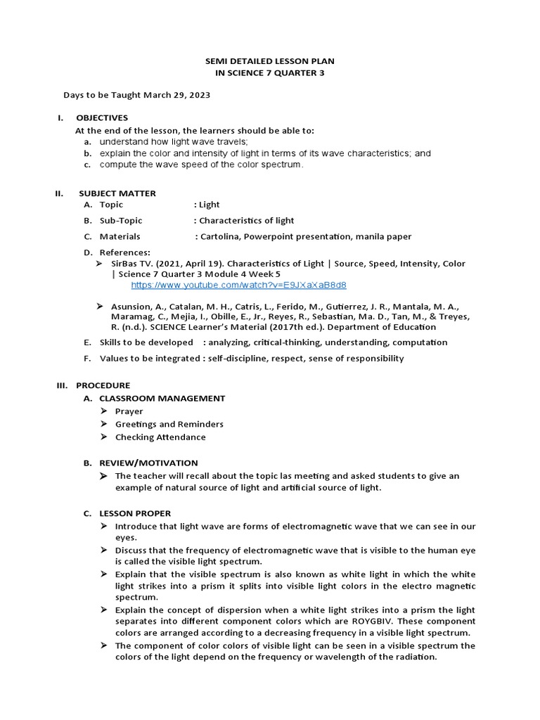 SEMI DETAILED LESSON PLAN in Characteristics of Light | PDF | Light | Color