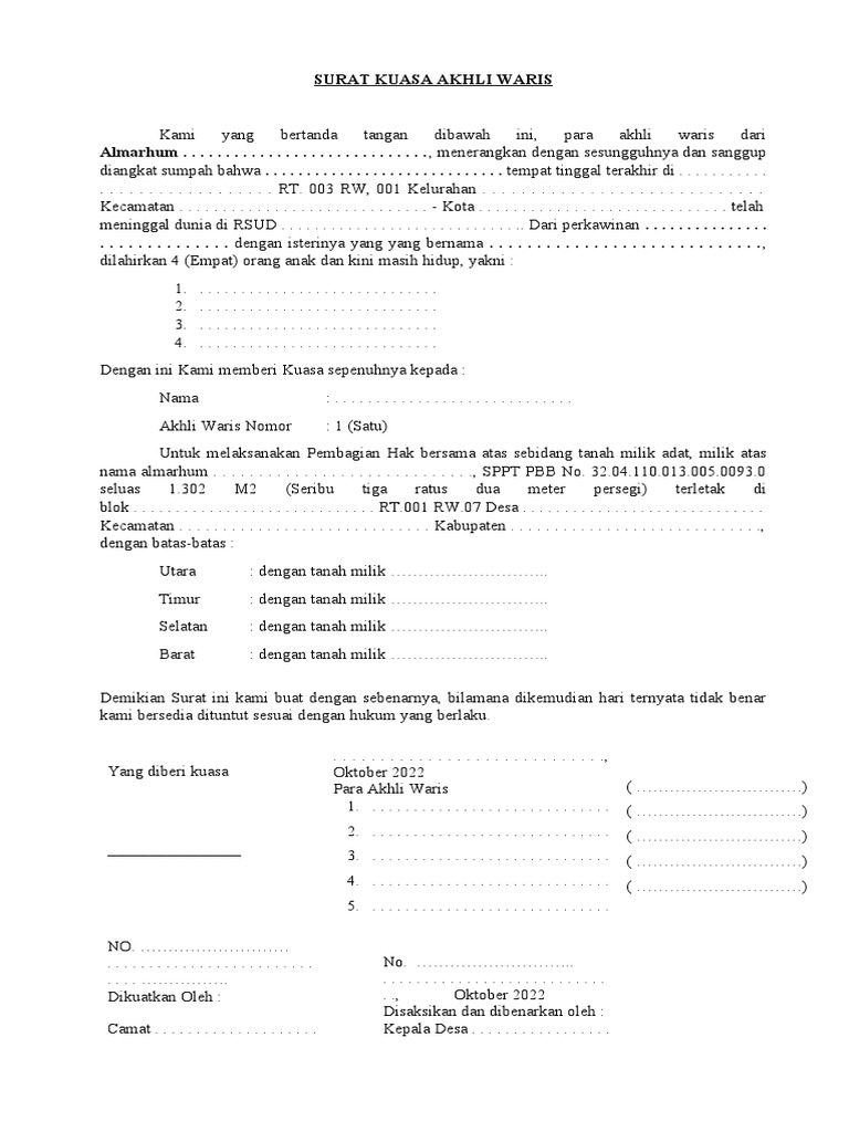 FORM SURAT KUASA AKHLI WARIS | PDF