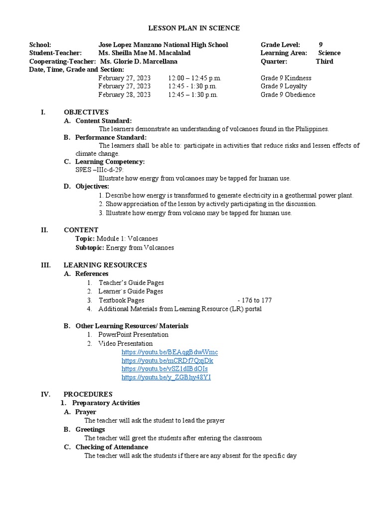 Day 1 Week 7 GRADE 9 Lesson Plan | PDF | Geothermal Energy | Water
