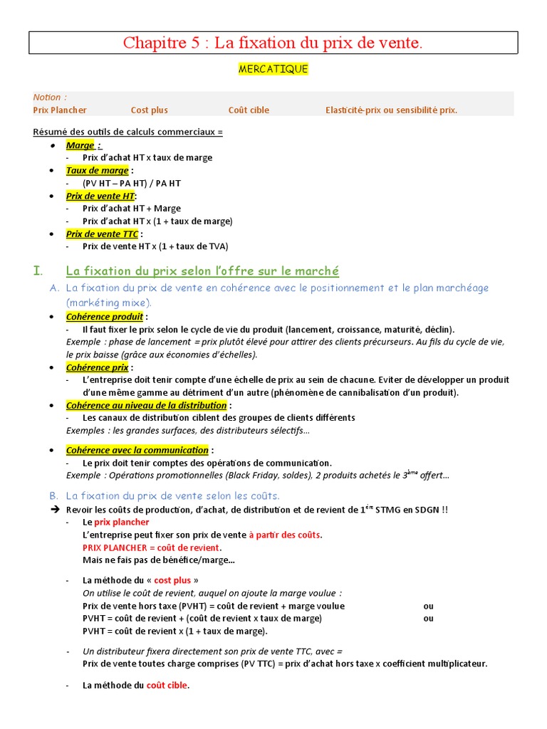 Chapitre 5: La Fixation Du Prix de Vente | PDF | Élasticité (économie ...