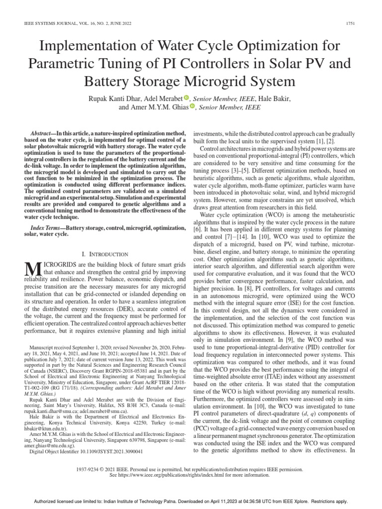 Implementation of Water Cycle Optimization For Parametric Tuning of PI Controllers in Solar PV ...