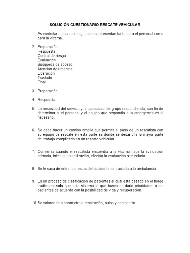 Solución Cuestionario Rescate Vehicular | PDF