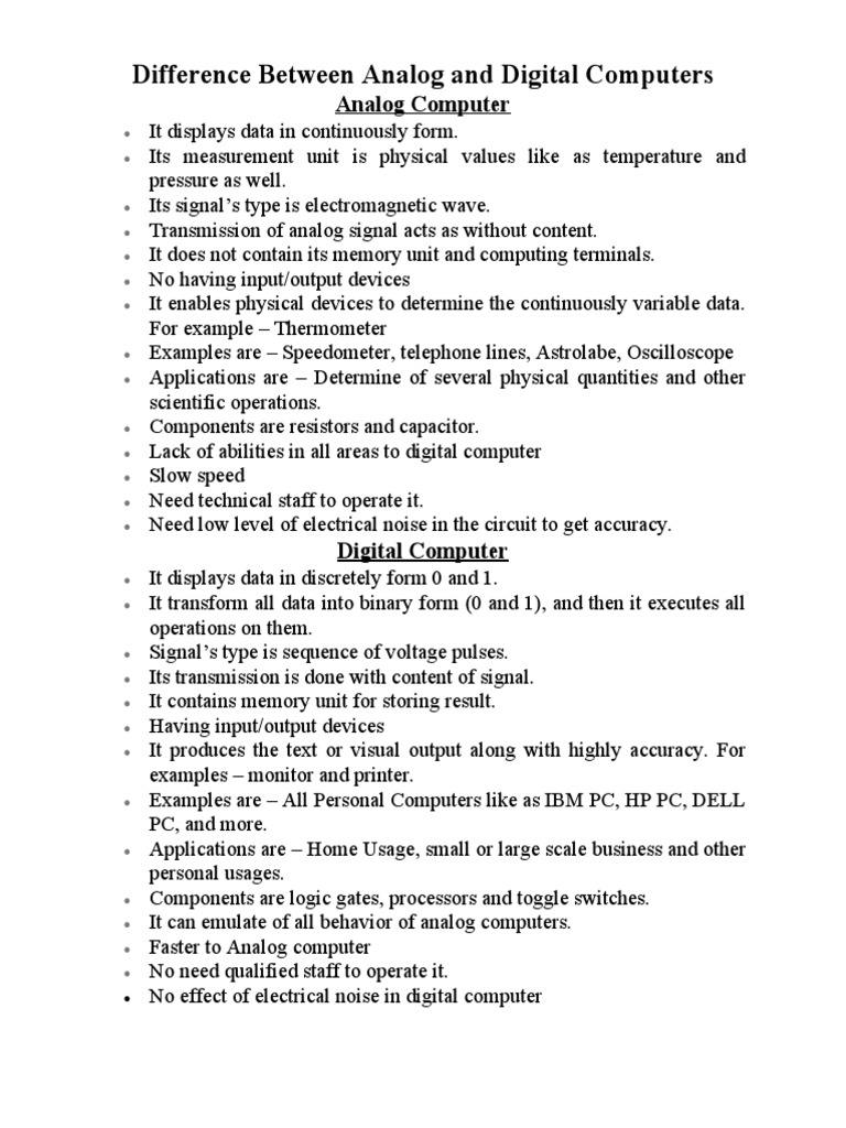Difference Between Analog and Digital Computers | PDF Difference Between Analog and Digital Computers | PDF