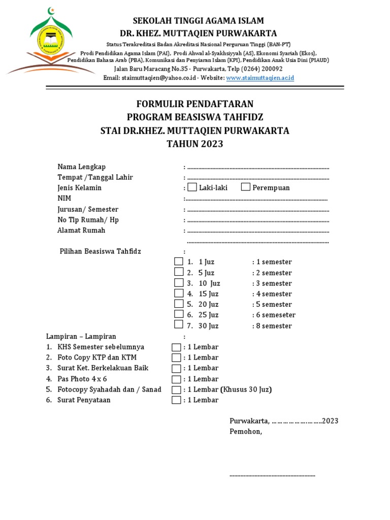 Formulir Pendaftaran Beasiswa Tahfidz 2023 | PDF