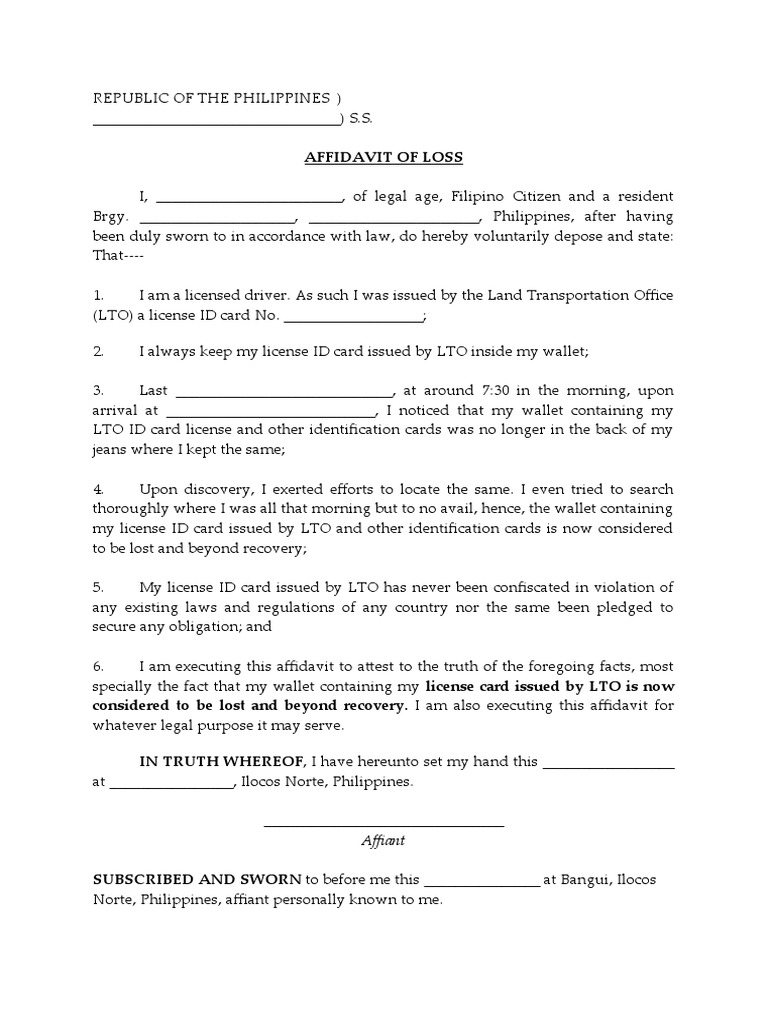 Affidavit of Loss License | PDF