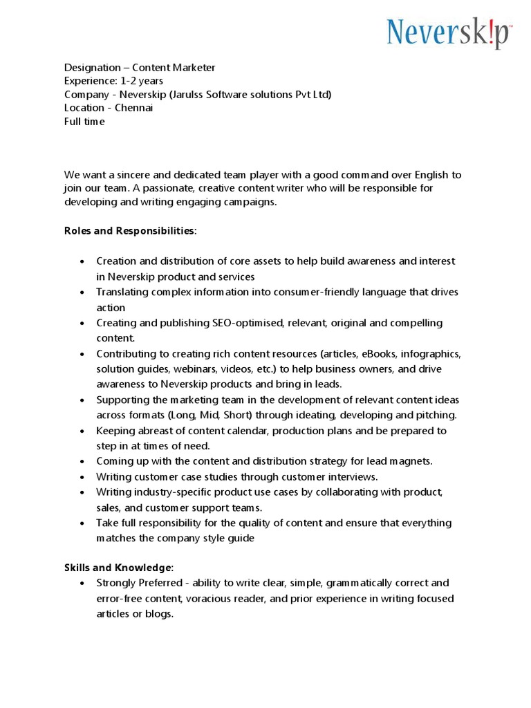 Content Marketer Job in Chennai | PDF