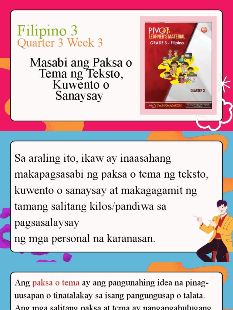Filipino-3-Quarter-3-Week-3-Masabi-ang-Paksa-o-Tema-ng-Teksto-Kuwento-o-Sanaysay (Autosaved) | PDF