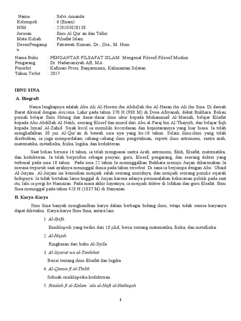 Ringkasan Tentang Biografi, Karya-Karya, Dan Pemikiran Ibnu Sina | PDF