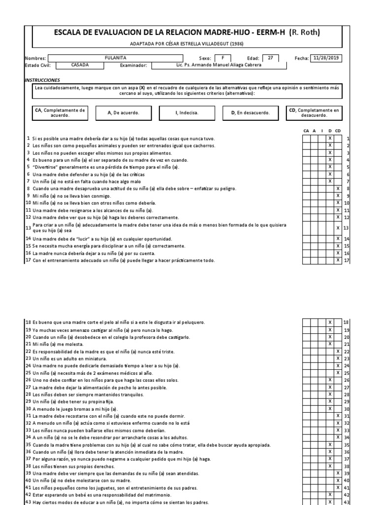 Escala de Evaluacion de La Relacion Madre-Hijo - Eerm-H (R. Roth) | PDF