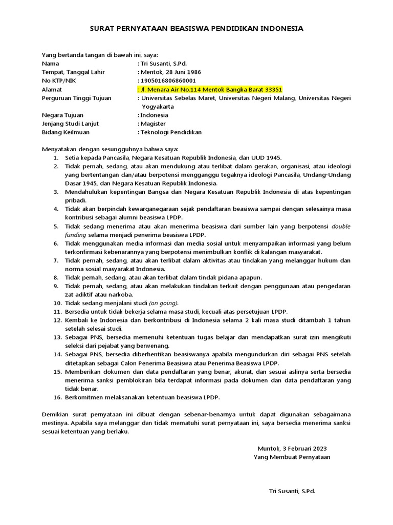 Surat Pernyataan Beasiswa LPDP | PDF