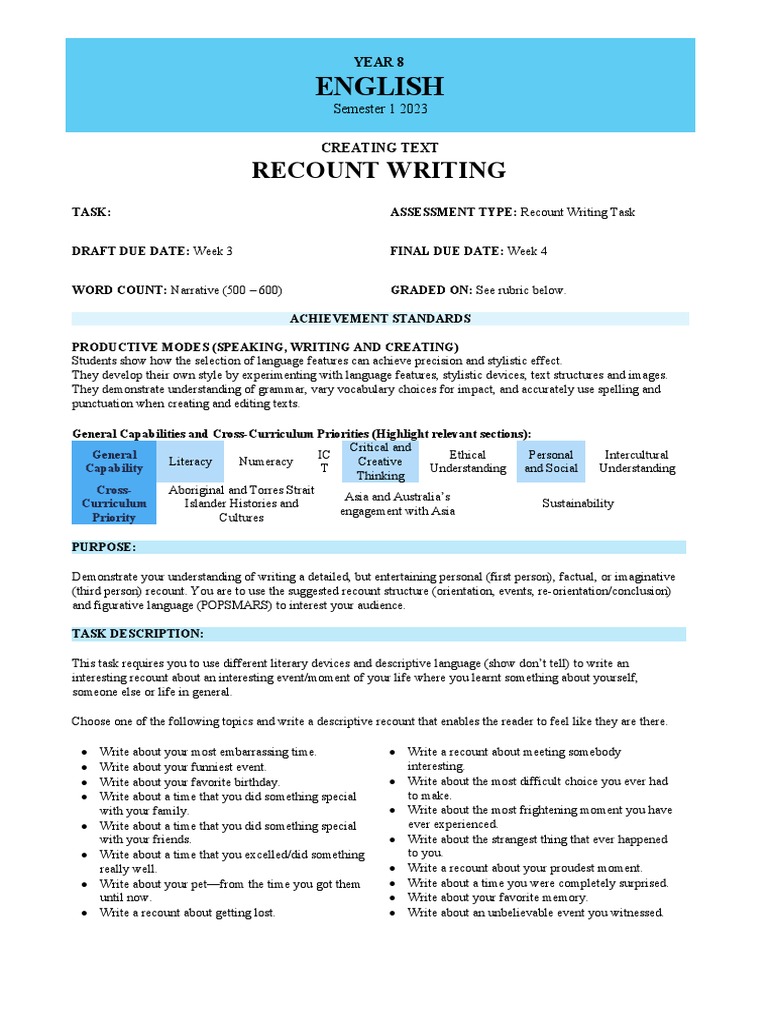 Recount (Year 8) - Task Sheet | PDF | Narrative | Communication