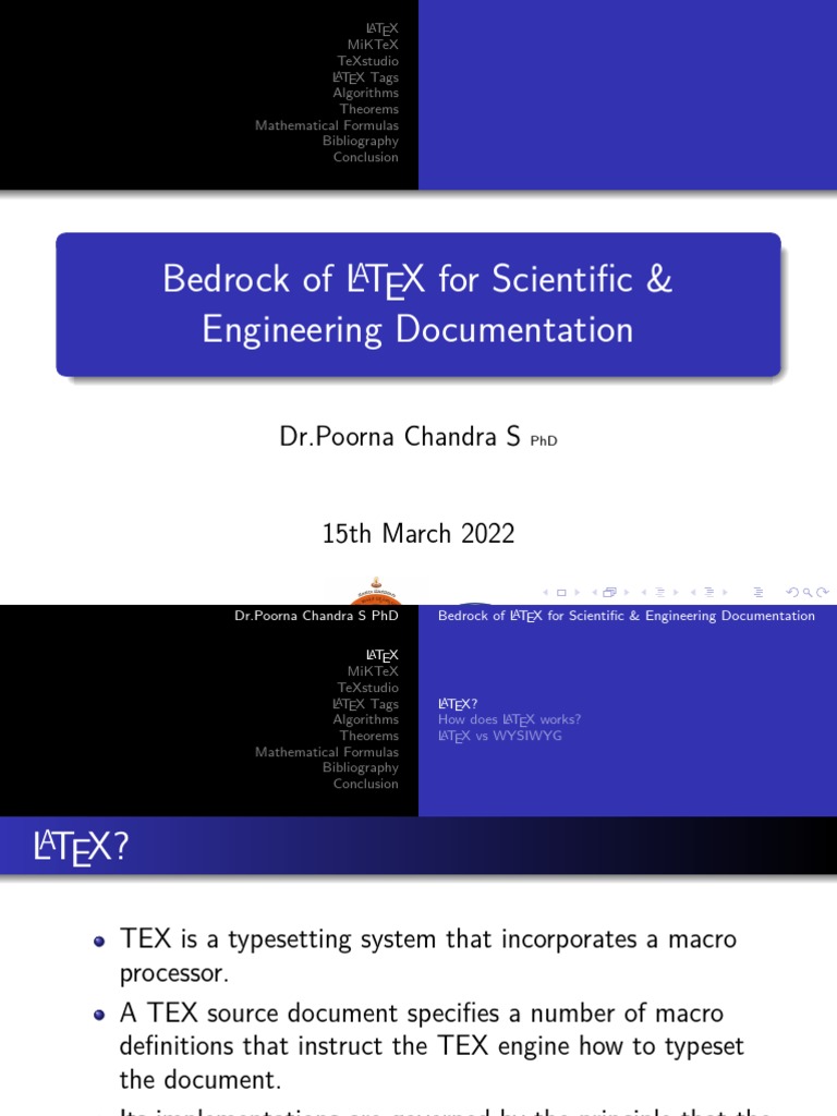 Bedrock of L TEX For Scientific & Engineering Documentation: DR - Poorna Chandra S | PDF | Te X ...