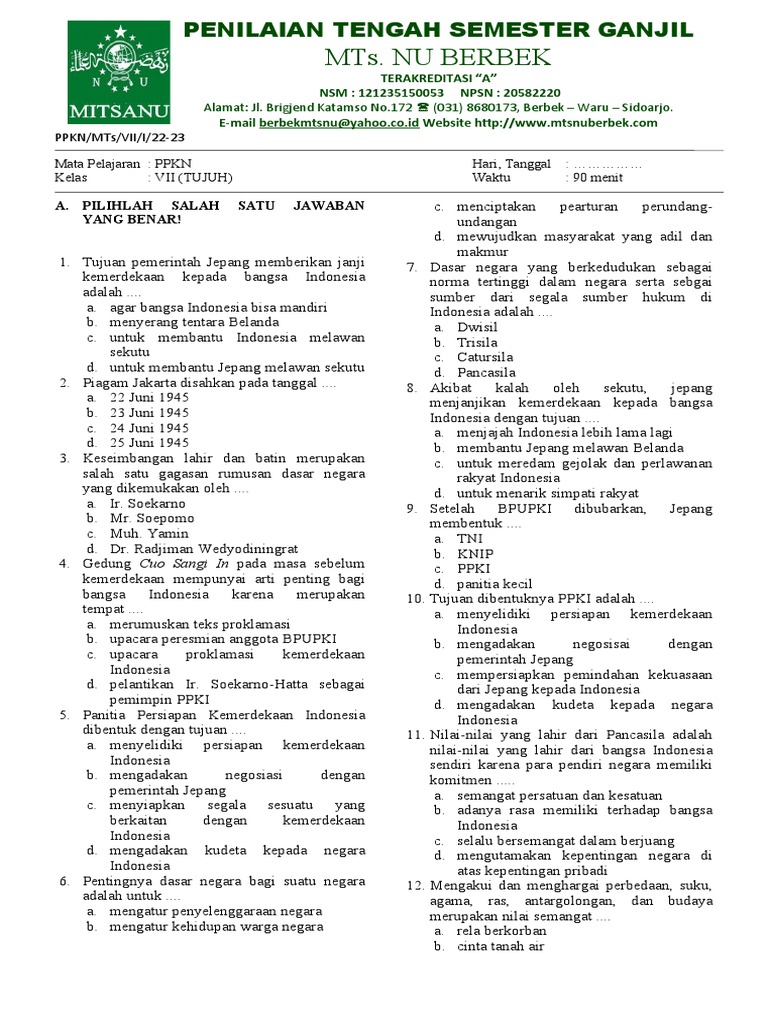 Soal PPKN 7 PTS I 2022 | PDF