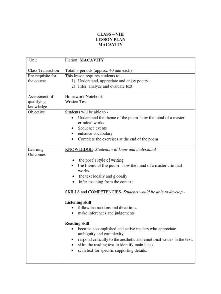 Class - Viii Lesson Plan Macavity | PDF | Learning | Critical Thinking