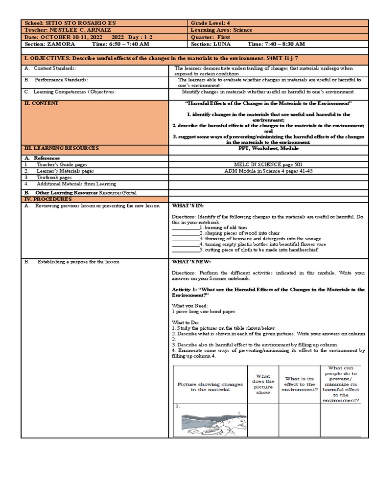 DLP Science 4 Q1 W8. | PDF | Learning | Waste