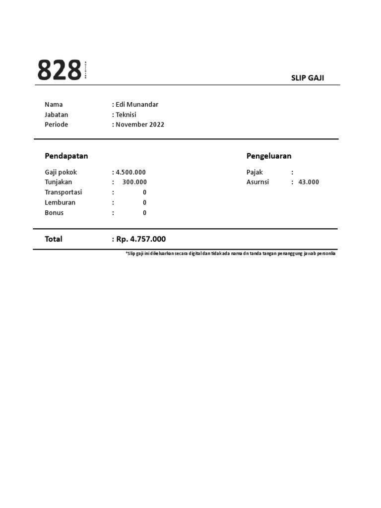 Slip Gaji: Nama: Edi Munandar Jabatan: Teknisi Periode: November 2022 | PDF