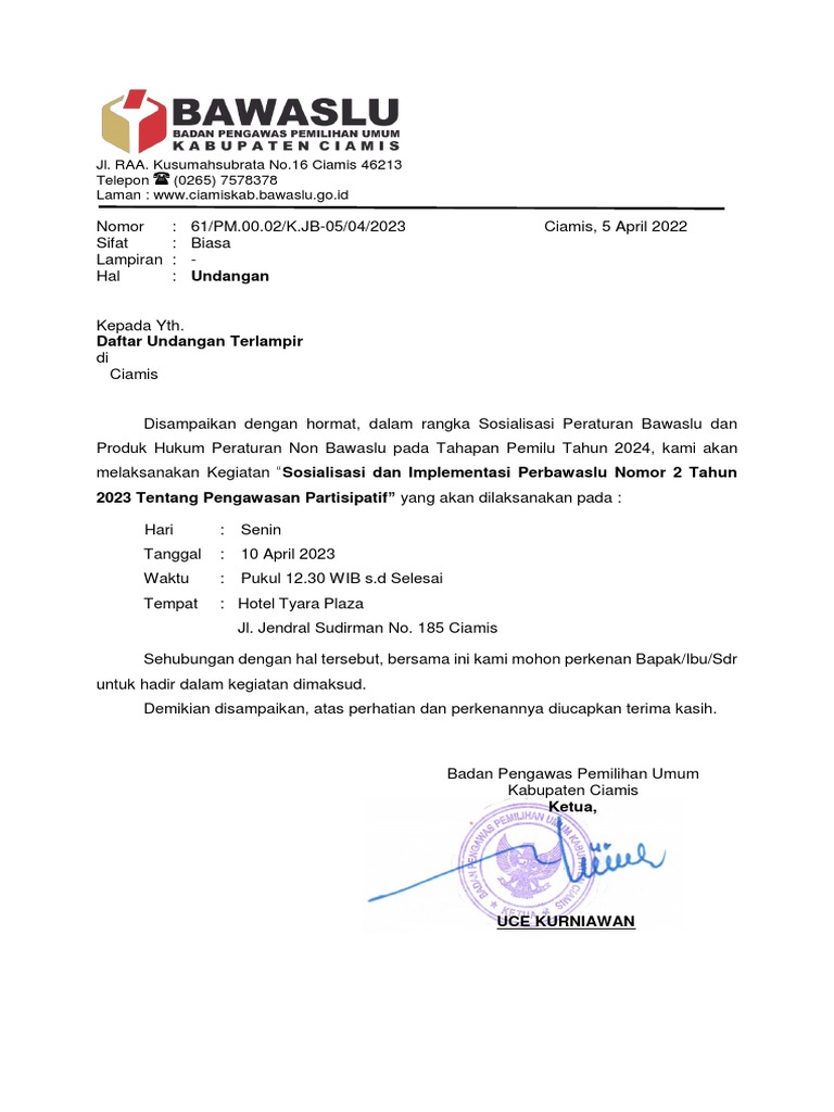 Surat Keluar Nomor 61_HM tanggal 5 April 2023 kepada Daftar Undangan ...