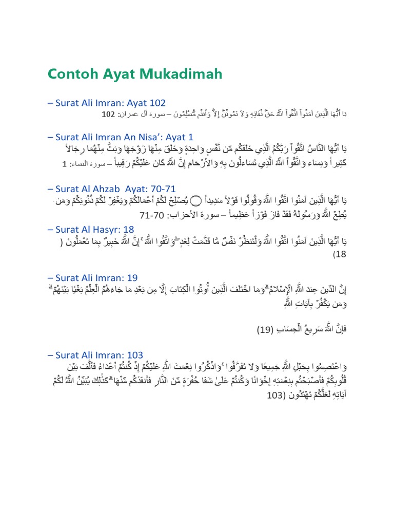Contoh Ayat Mukadimah: - Surat Ali Imran: Ayat 102 - Surat Ali Imran An ...