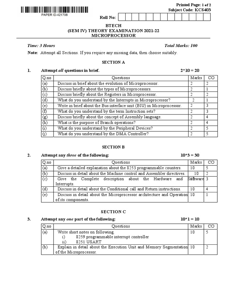 Btech Cs 4 Sem Microprocessor kcs403 2022 | PDF | Classes Of Computers ...