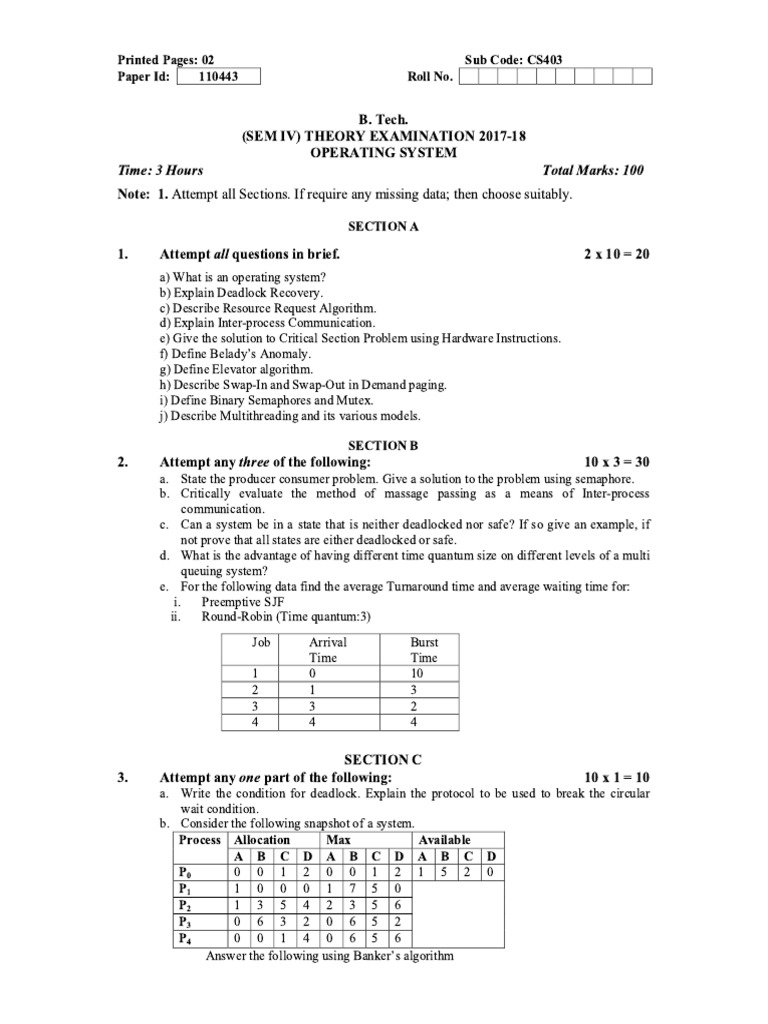 Btech Cs 4 Sem Operating System Cs 403 2017 18 | PDF