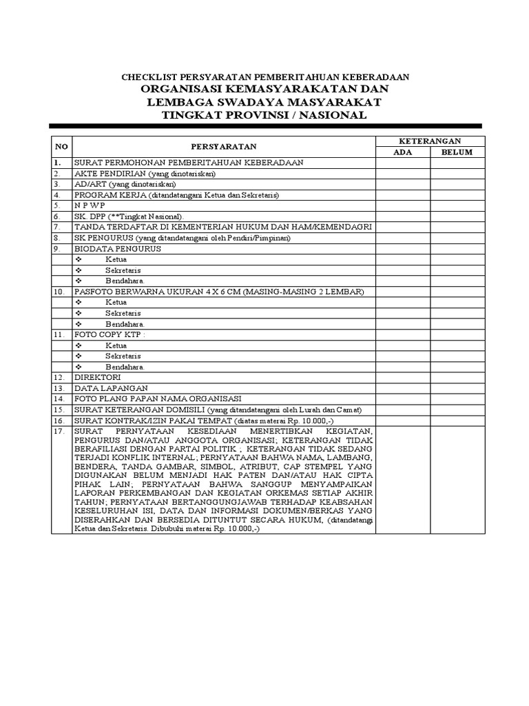 Formulir Pendaftaran Ormas Dan LSM Kumham | PDF | Pengelolaan Keuangan & Uang | Hukum