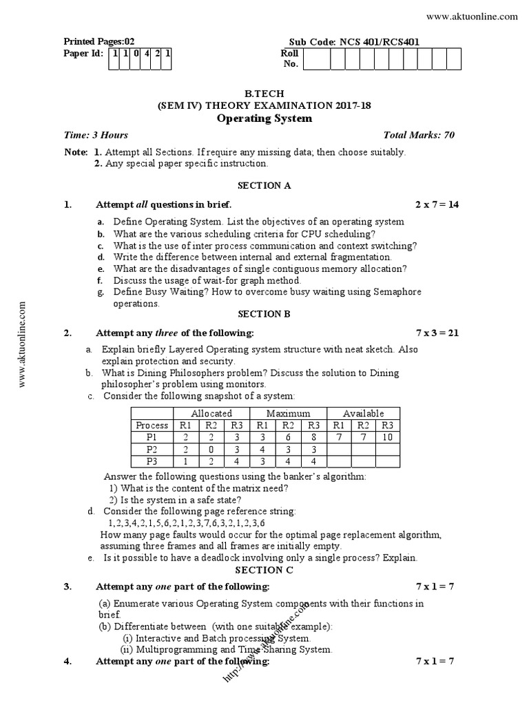 Btech Cs 4 Sem Operating System Ncs 401 2017 18 | PDF | Scheduling (Computing) | Operating System