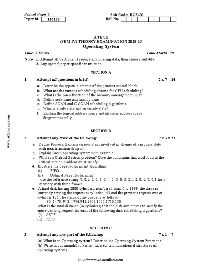 Operating Systems Exam Process Scheduling Algorithms Memory Management And Synchronization