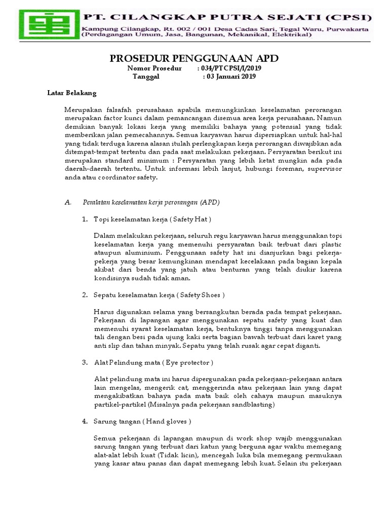 Prosedur Penggunaan APD | PDF