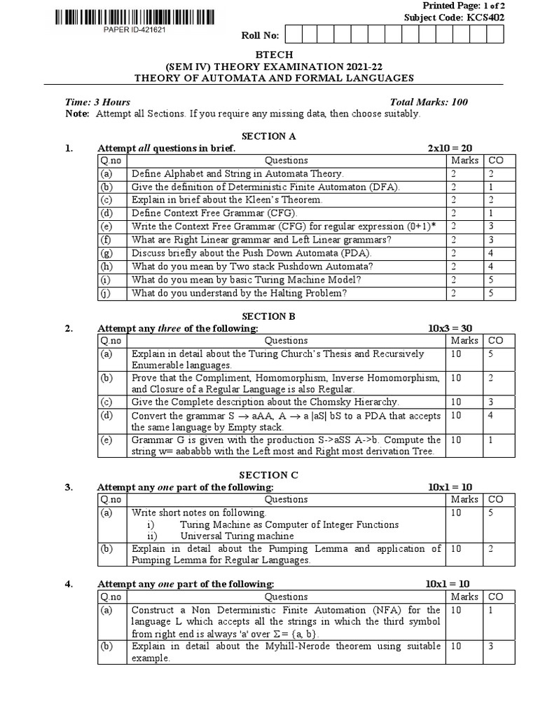 Btech Cs 4 Sem Theory of Automata and Formal Languages kcs402 2022 ... Btech Cs 4 Sem Theory of Automata and Formal Languages kcs402 2022 ...
