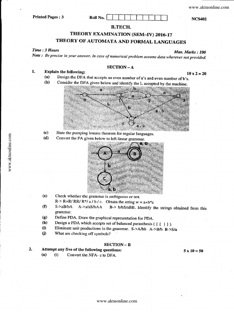 Btech Cs 4 Sem Theory of Automata and Formal Languages Ncs 402 2017 | Download Free PDF ...
