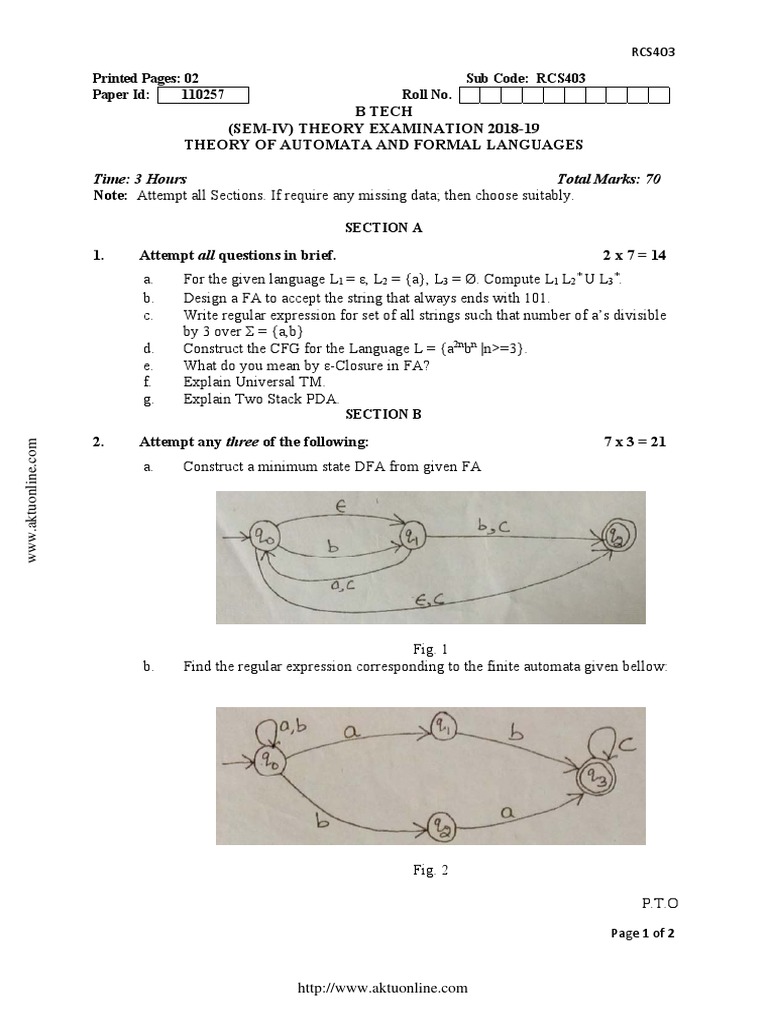 Btech Cs 4 Sem Theory of Automata and Formal Languages rcs403 2019 | PDF | Computing | Models Of ...