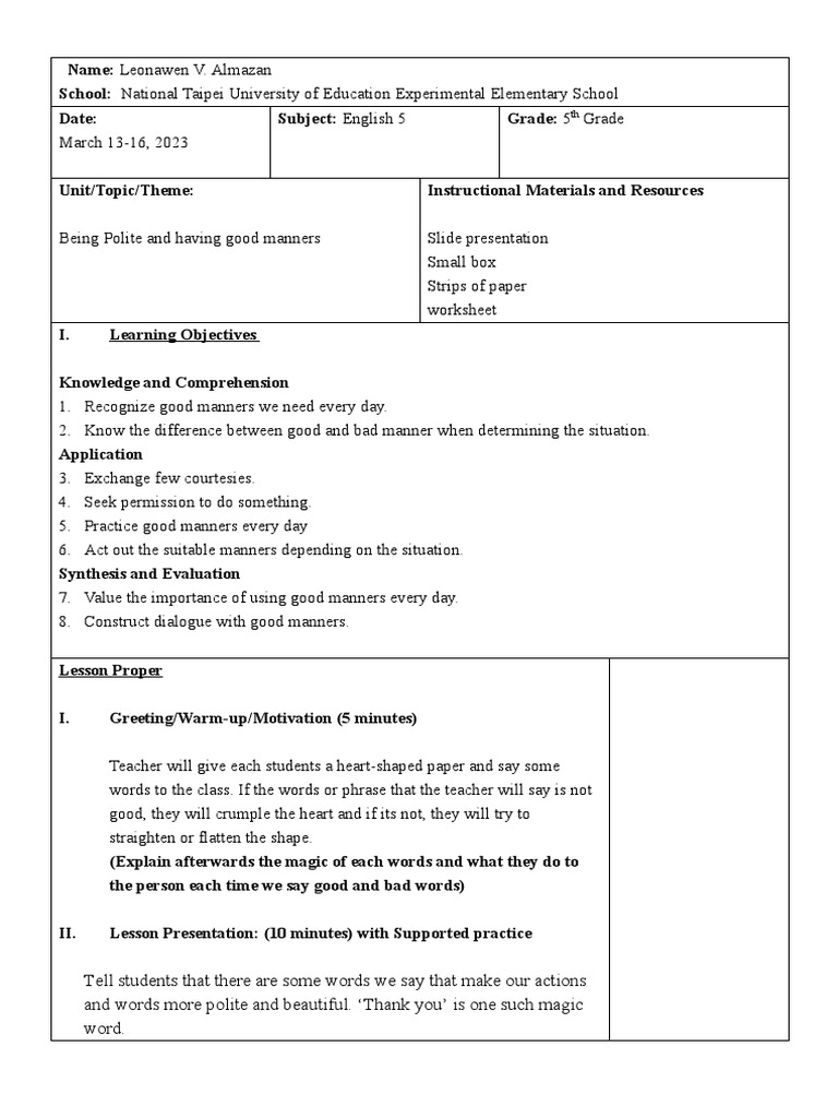 LESSON PLAN FOR GOOD MANNERS | PDF | Teachers | Communication
