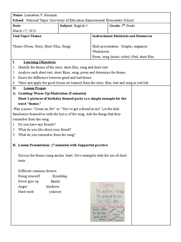 Theme Analysis Lesson Plan for Grade 5 | PDF | Cognition | Learning