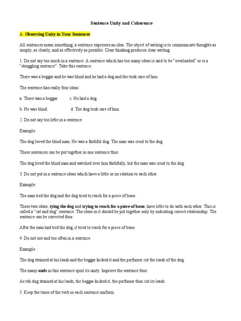Mastering Sentence Unity and Coherence | PDF | Verb | Sentence ...