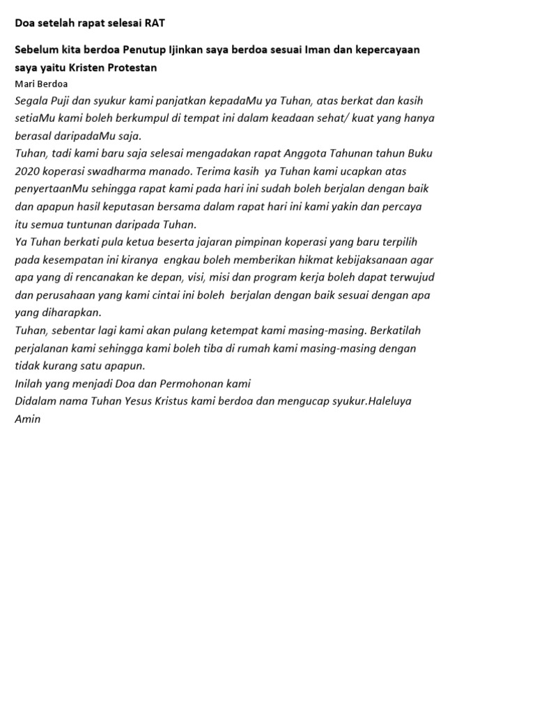 Doa Penutup Rapat Anggota Tahunan Koperasi Swadharma Manado | PDF