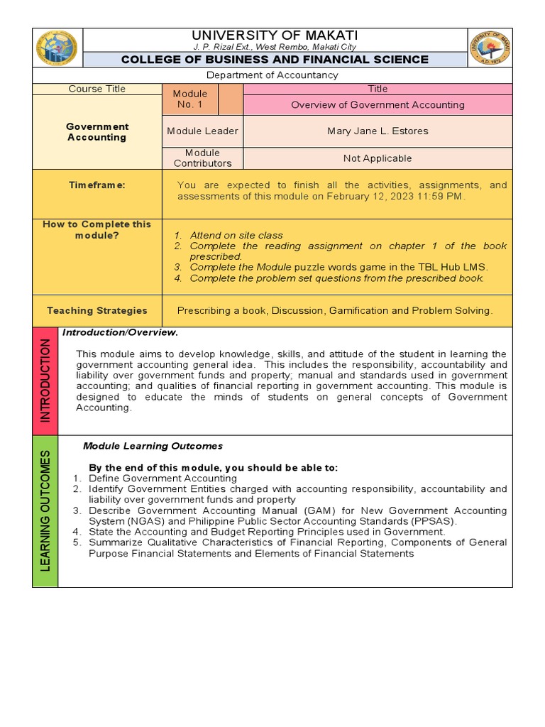 Module 1 Overview of Government Accounting | PDF | Accounting | Financial Statement
