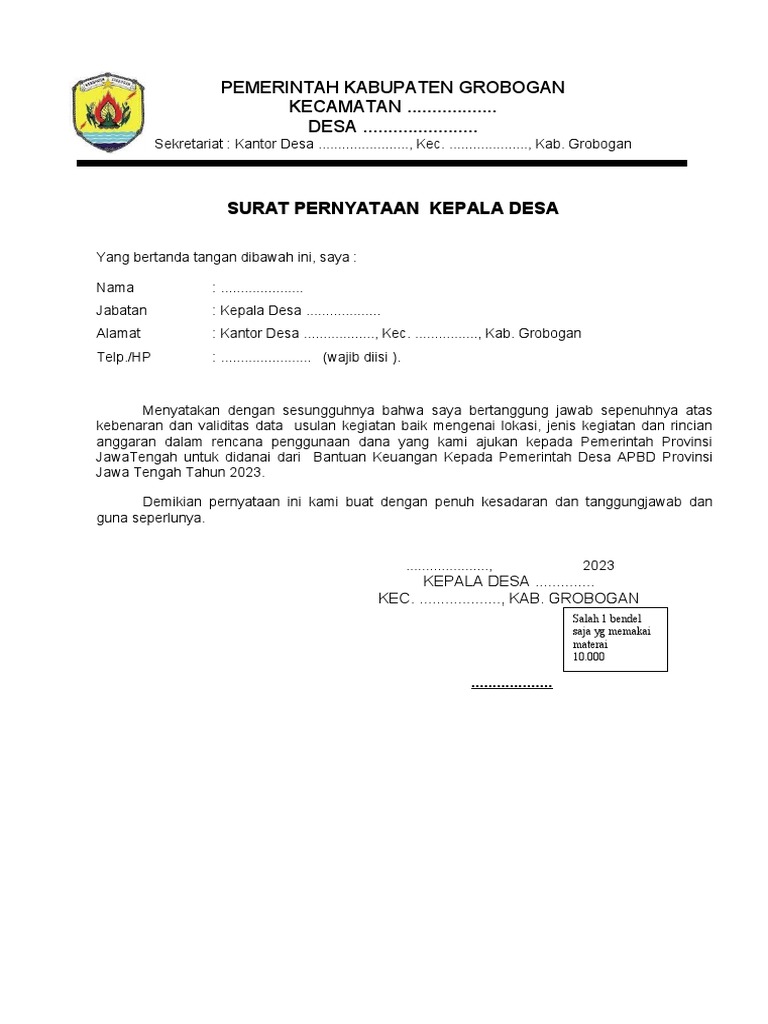 A9. Contoh Surat Pernyataan Validitas Kades RPD DPA ... (..... JT) | PDF