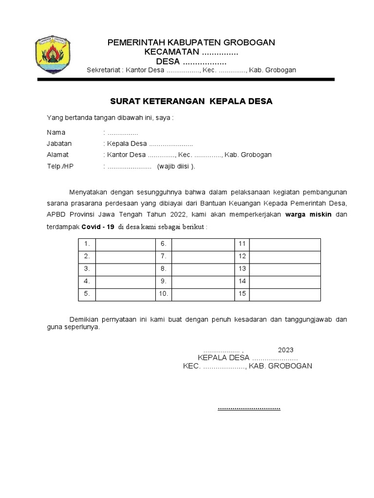 A8a. Contoh Surat Keterangan Pekerja Miskin RPD DPA ... (..... JT) | PDF