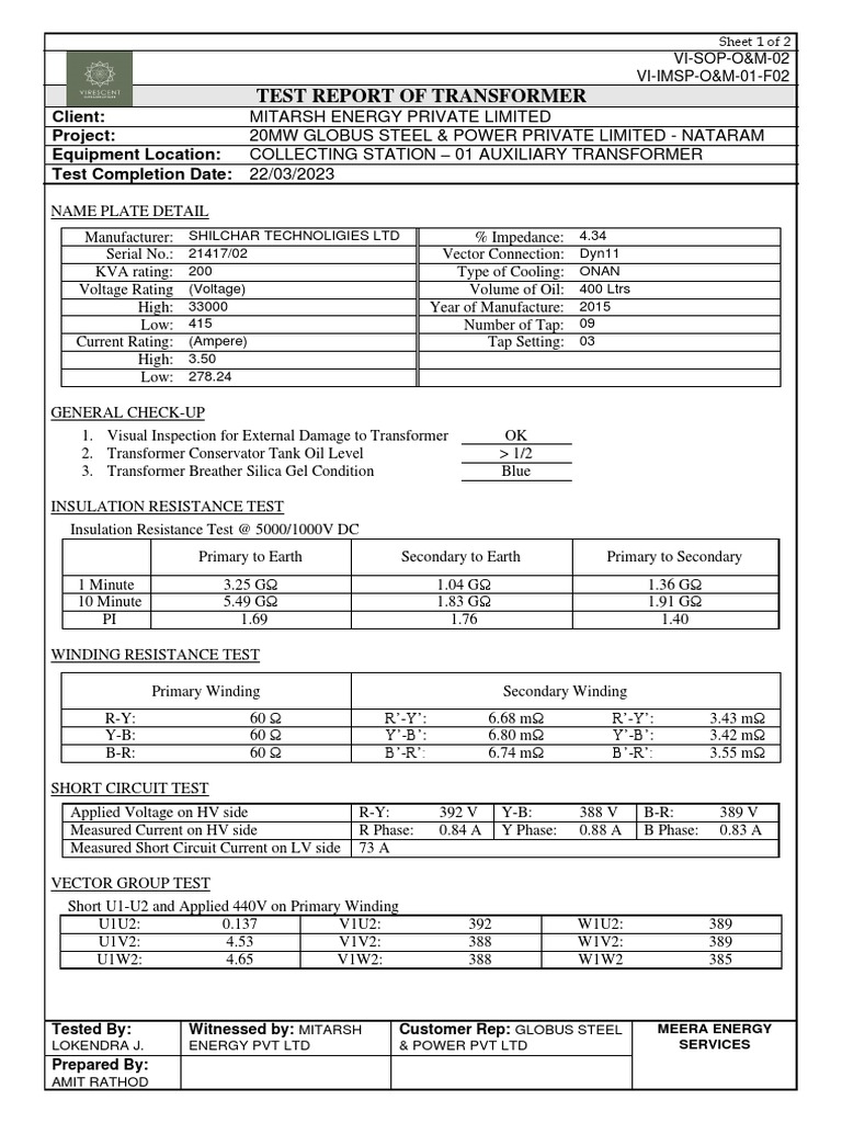 Transformer Test Reports | PDF | Transformer | Power Inverter