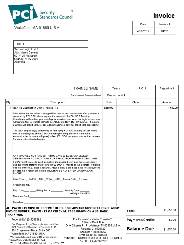 Inv 84201 From PCI Security Standards Council LLC 11516 | PDF | Credit ...