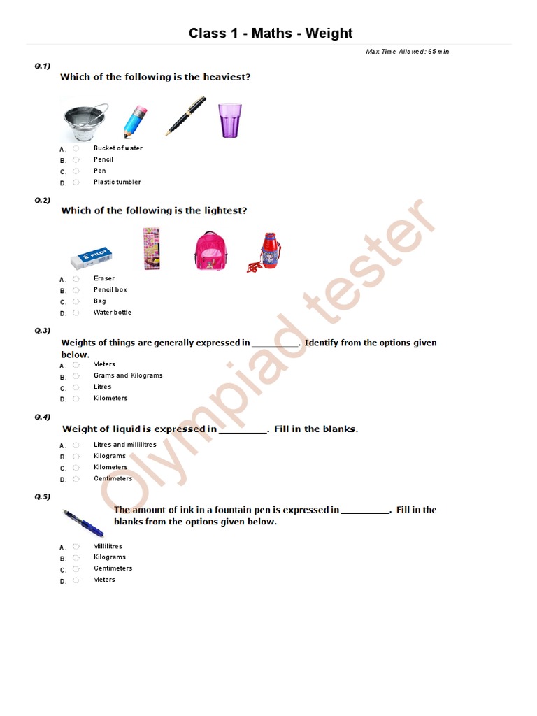 Class 1 - Maths - Weight - ProProfs | PDF | Litre | Notation