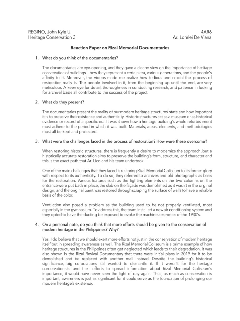 Reaction Paper On Rizal Memorial Documentaries | PDF