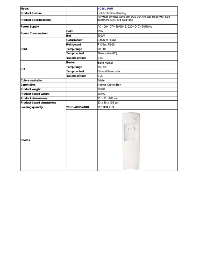 Hot & Cold Water Dispenser Specifications and Features | PDF | Thermostat | Manufactured Goods